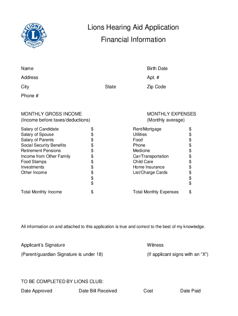Fillable Online HEARING AID APPLICATION AND FINANCIAL INFORMATION ...