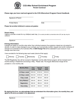 Fillable Online After School Program Parent Contract and Handbook ...