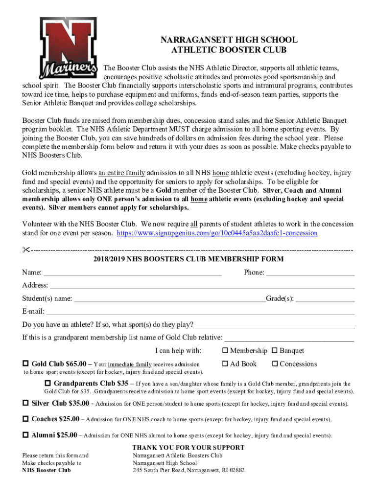 Fillable Online Narragansett Pier School Athletic Booster Club - Home ...