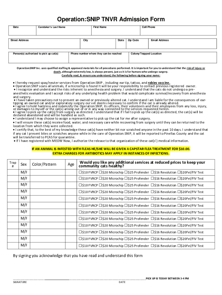 Fillable Online Operation:SNIP TNVR Admission Form Fax Email Print ...