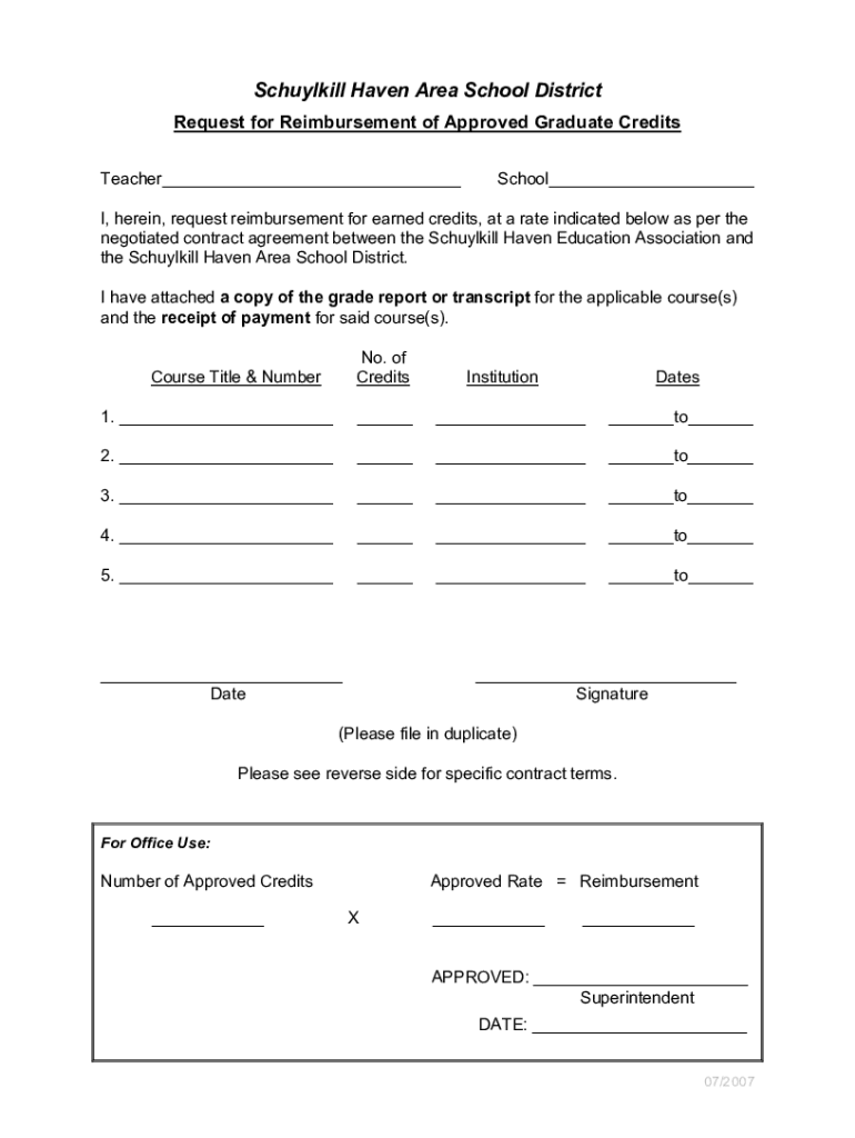 Fillable Online Request for Approval of Reimbursable Graduate Credits Fax Email Print - pdfFiller