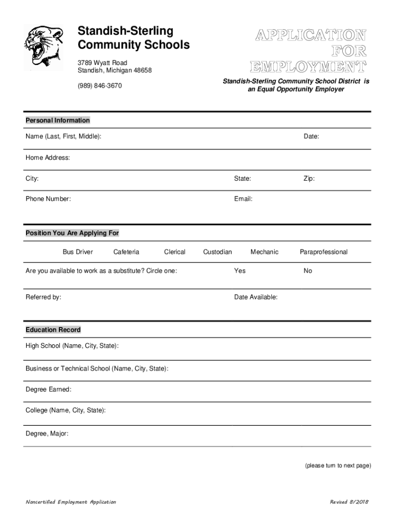 Fillable Online Support Staff Employment Application Packet - Standish ... Fax Email Print ...