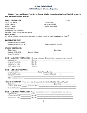 Fillable Online ST. PETER CHURCH RELIGIOUS EDUCATION REGISTRATION FORM ...