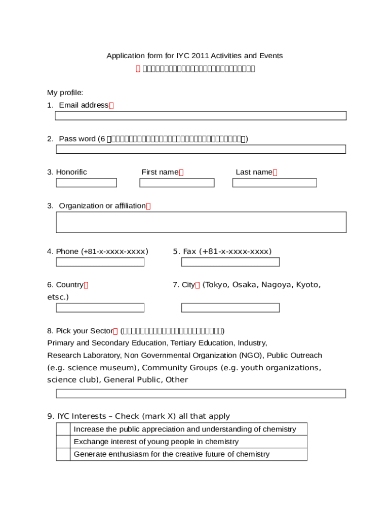 Application for IYC 2011 Activities and Events Doc Template | pdfFiller