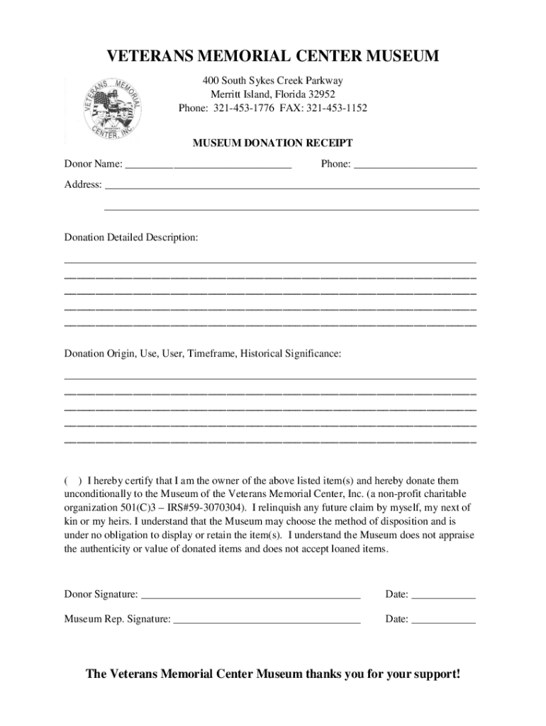 Fillable Online Museum Artifact Donation Form - Veterans Memorial ...