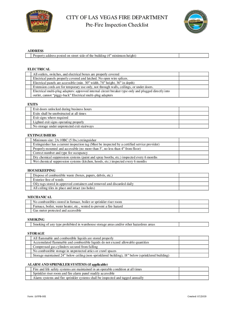 Fillable Online CITY OF LAS VEGAS FIRE DEPARTMENT Pre-Fire Inspection ...