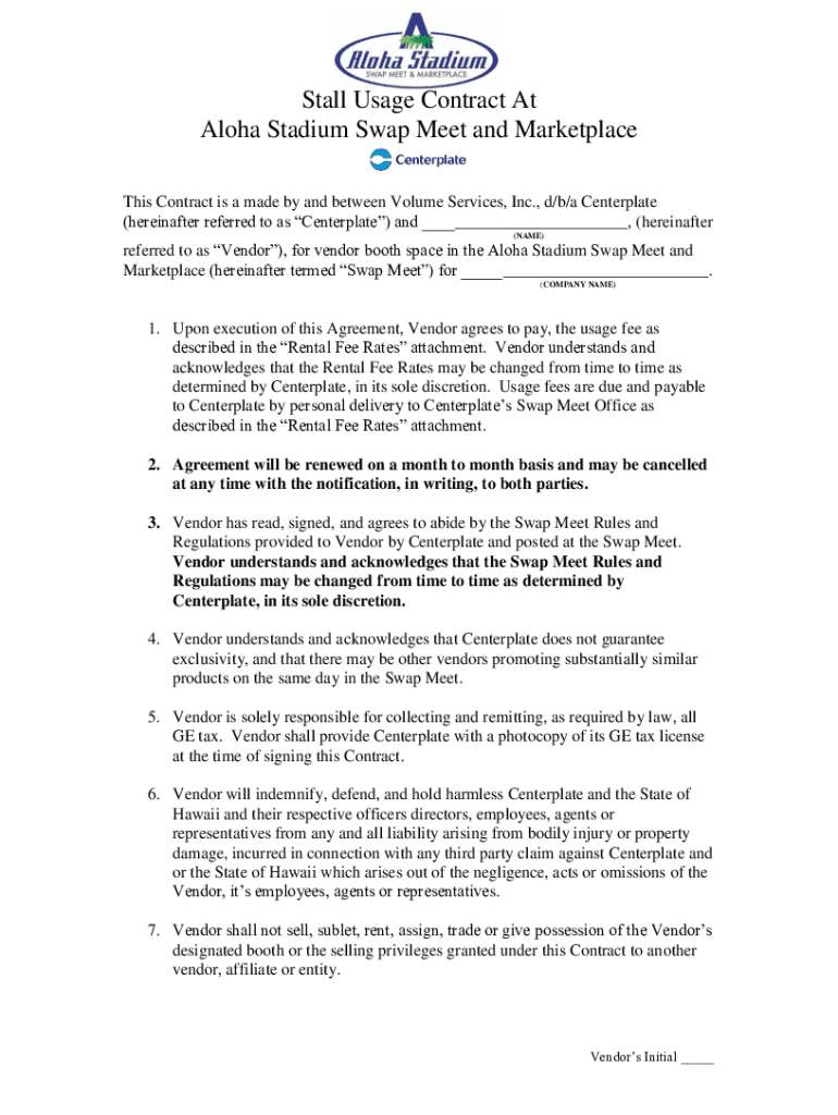 Fillable Online Booth Usage Contract At Aloha Swap Meet Fax Email Print ...