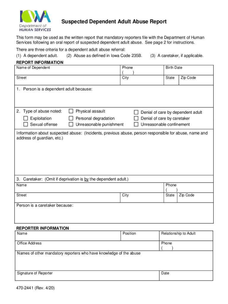 Fillable Online REPORT OF SUSPECTED DEPENDENT ADULT/ELDER ...