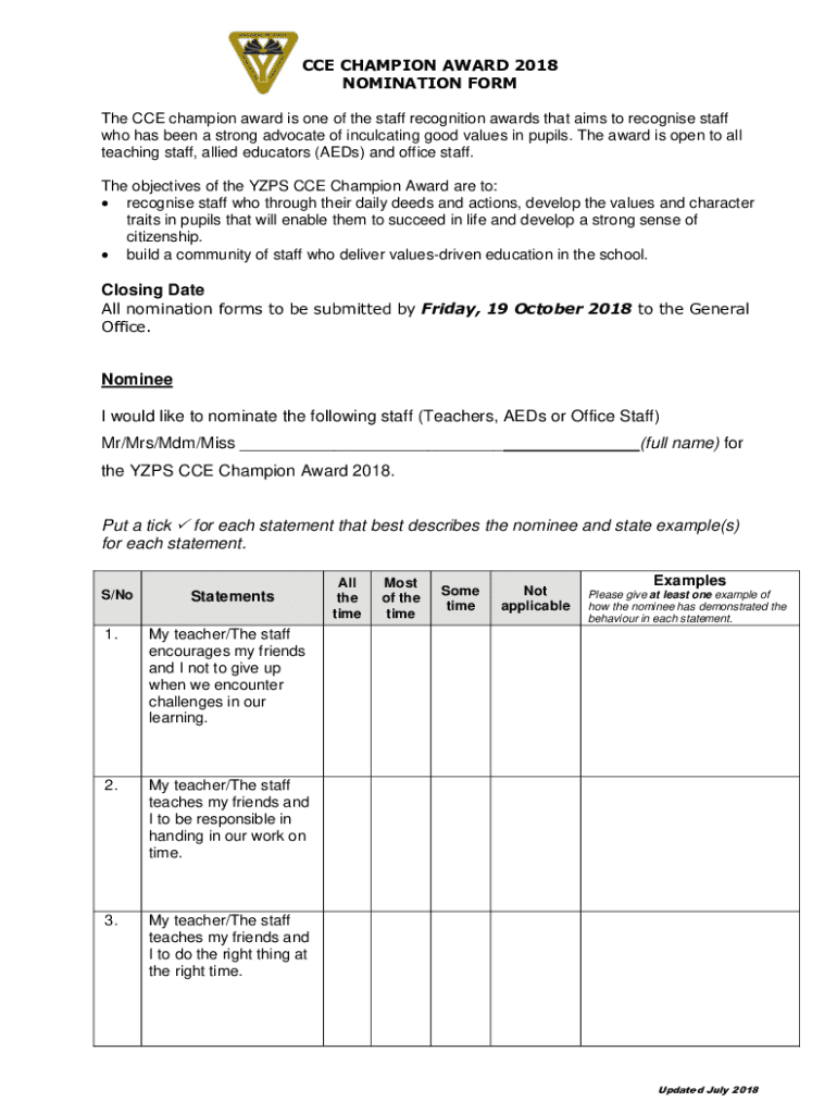 Fillable Online The CCE champion award is one of the staff recognition ...