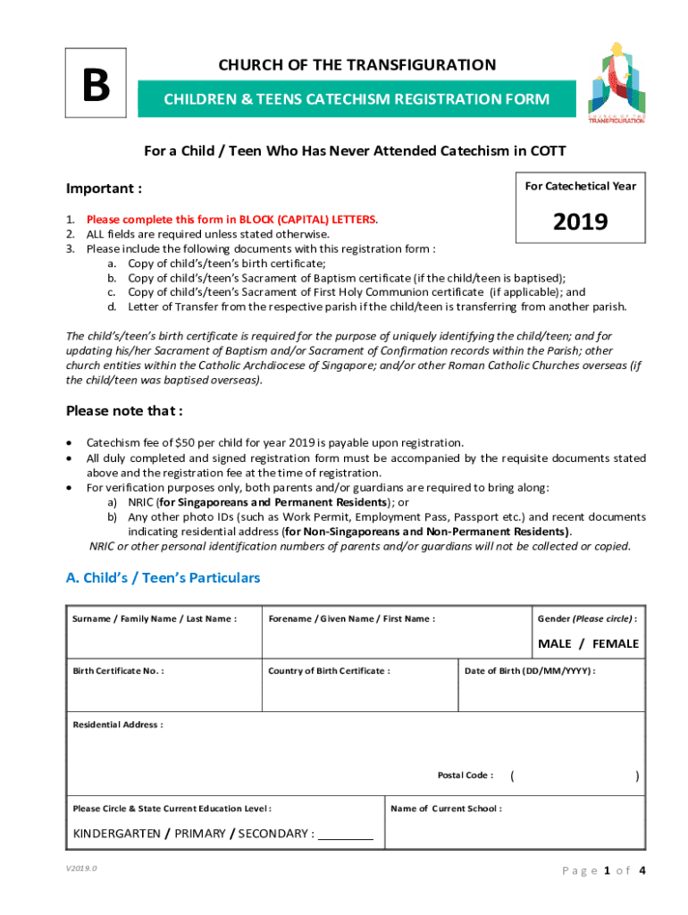 Fillable Online COTT Catechism Registration Form B (V2019.0) Fax Email ...