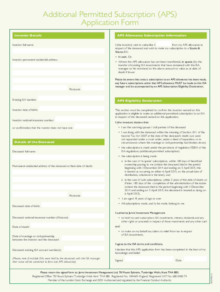 Fillable Online Additional Permitted Subscriptions (APS) for ...