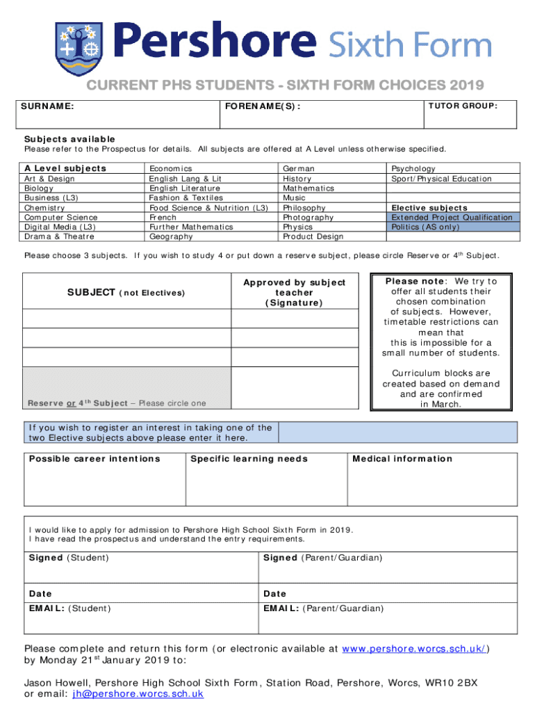 Fillable Online pershore worcs sch Sixth Form Choices Form (Internal ...