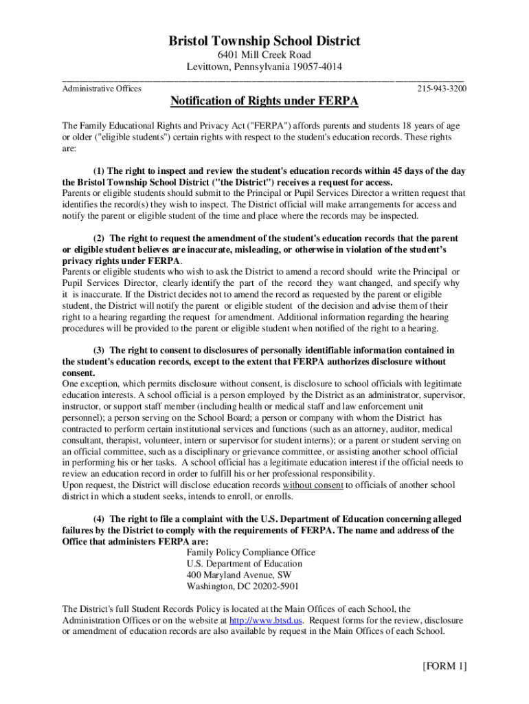 Fillable Online FERPA annual notification of rights (form 1) revised 11/3/14 (03614308).DOCX ...