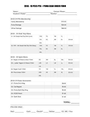 Fillable Online 2018 - 19 PCES PTA + PUMA GEAR ORDER FORM Fax Email ...