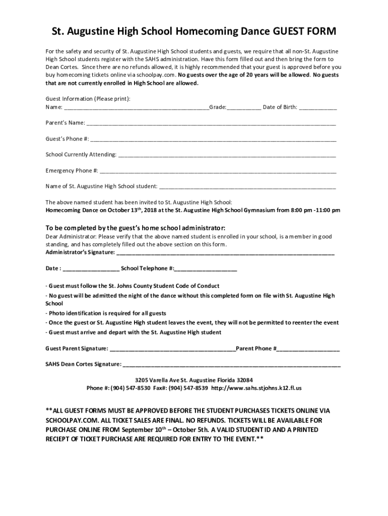 Fillable Online www-sahs stjohns k12 fl St. Augustine High School ...
