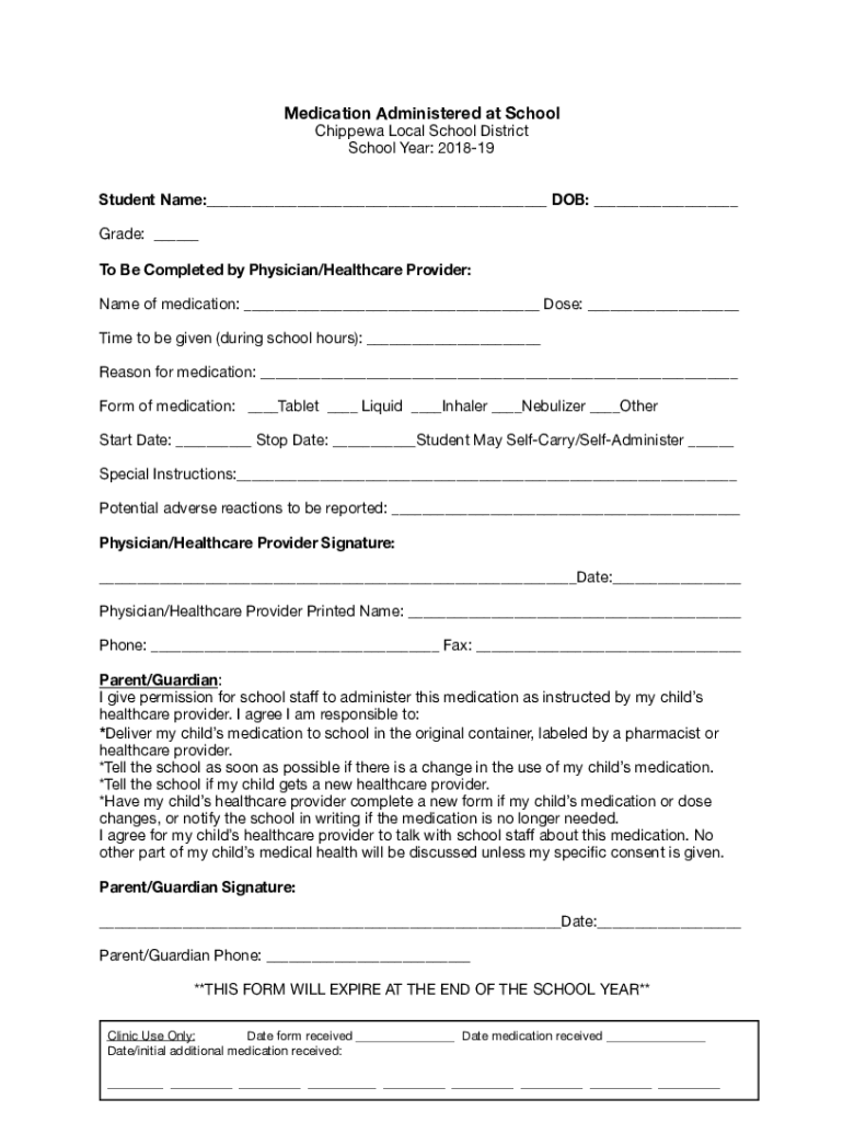 Fillable Online Medication Administered at School Chippewa Local School ...