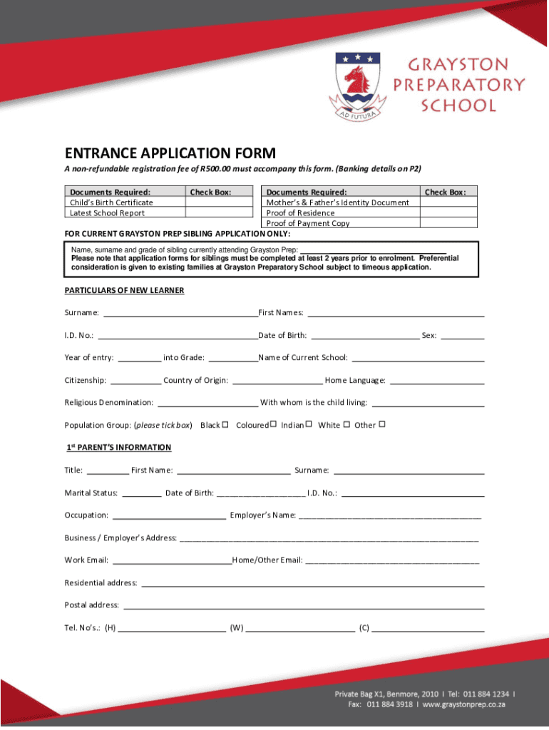 Fillable Online ENTRANCE APPLICATION FORM Fax Email Print - pdfFiller