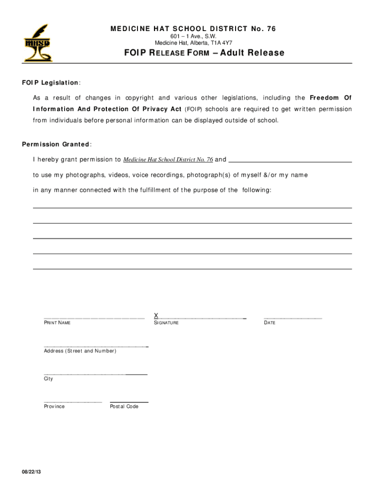 Fillable Online Fillable Online Medicine Hat Alberta T1A 4Y7 Release ...