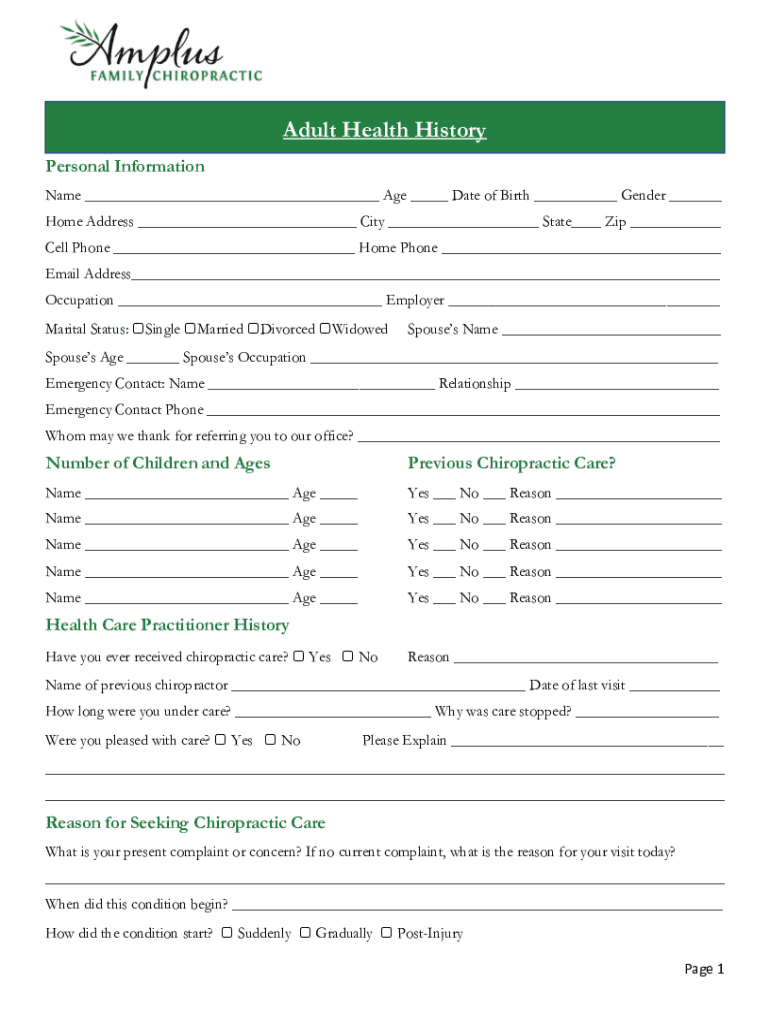 Fillable Online Adult Health History Form TemplatePrintable Medical ...