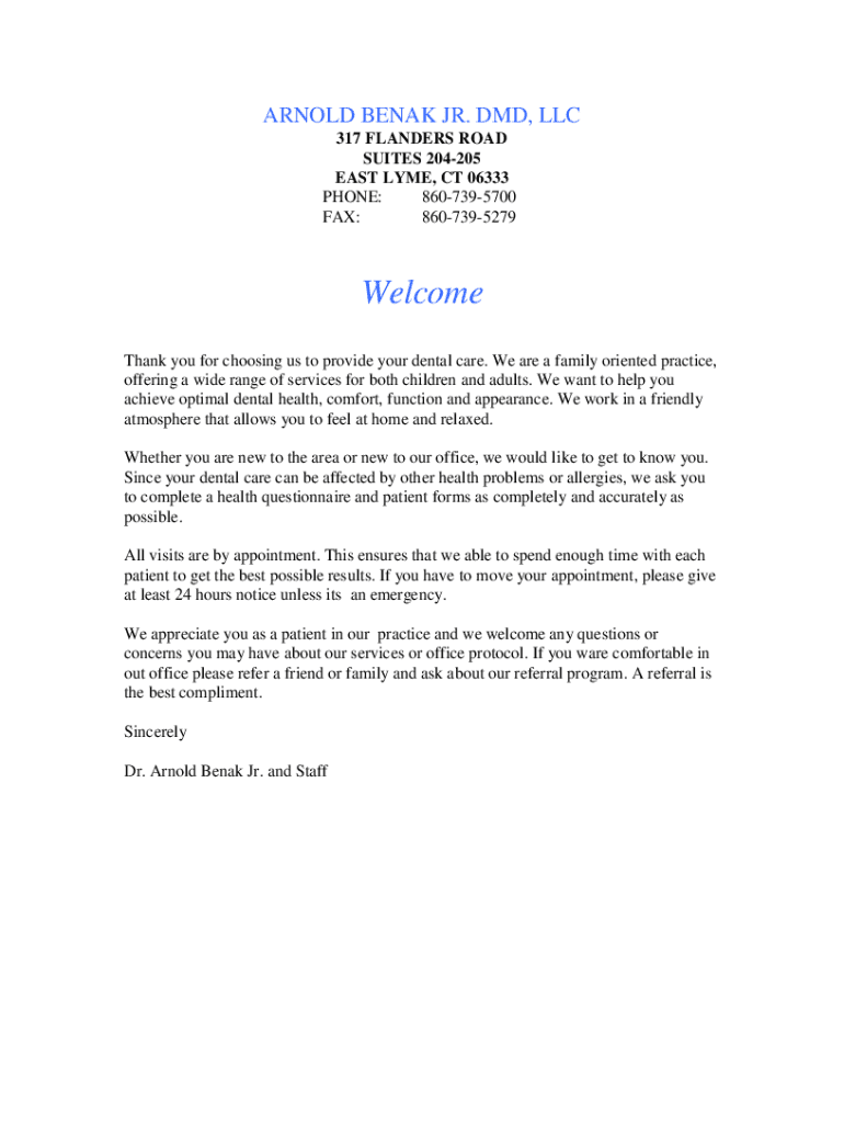 Fillable Online Dr. Arnold E Benak, Jr.East Lyme, ConnecticutAmerican ...
