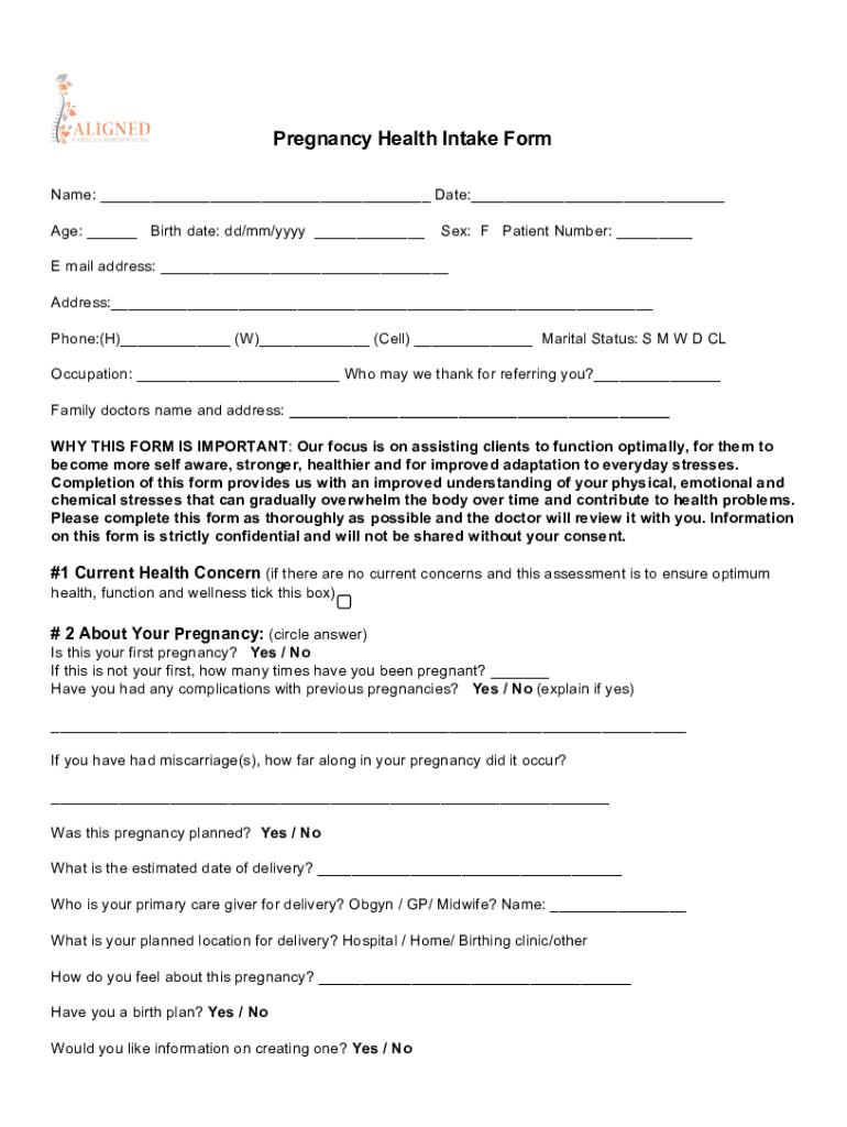 Fillable Online Pregnancy Health History Form - Perfect Patients Fax ...