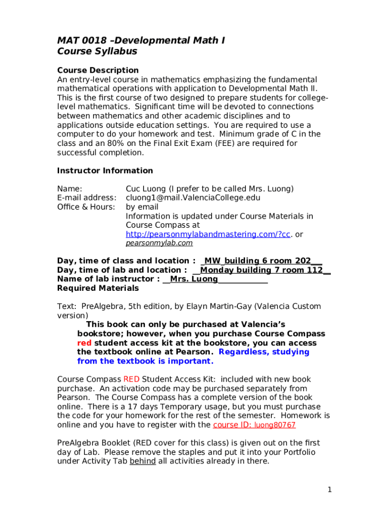 MAT 0018Developmental Mathematics I Course Syllabus Doc Template ...