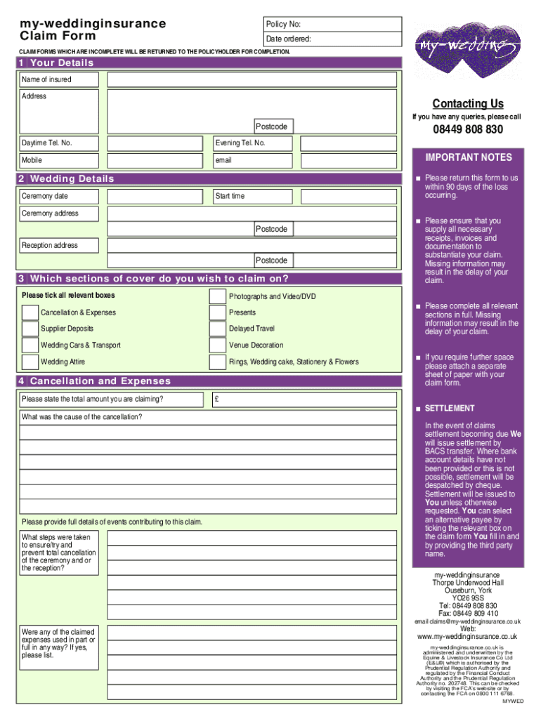 Fillable Online my-weddinginsurance Claim Form - s3.eu-west-2.amazonaws.com Fax Email Print ...