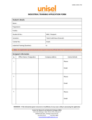 Fillable Online studentportal unisel edu Industrial Training ...