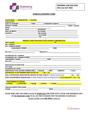 Fillable Online PDF Physican Booking Sheet for Scheduling Surgery at ...