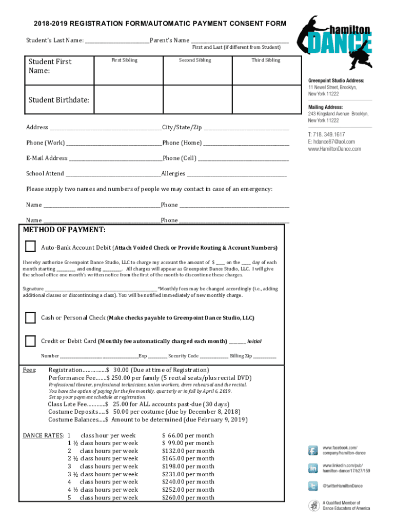 Fillable Online 2018-2019 REGISTRATION FORM/AUTOMATIC PAYMENT CONSENT FORM Fax Email Print ...