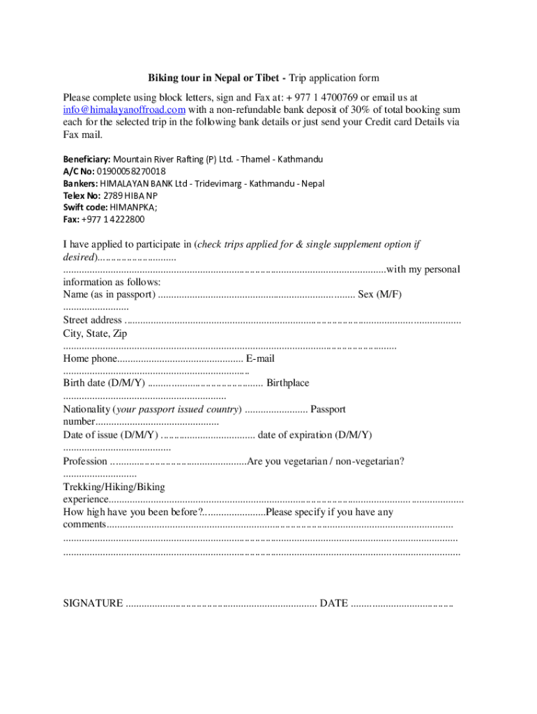Fillable Online Trip Application Form - Himalayan Offroad Adventure ...