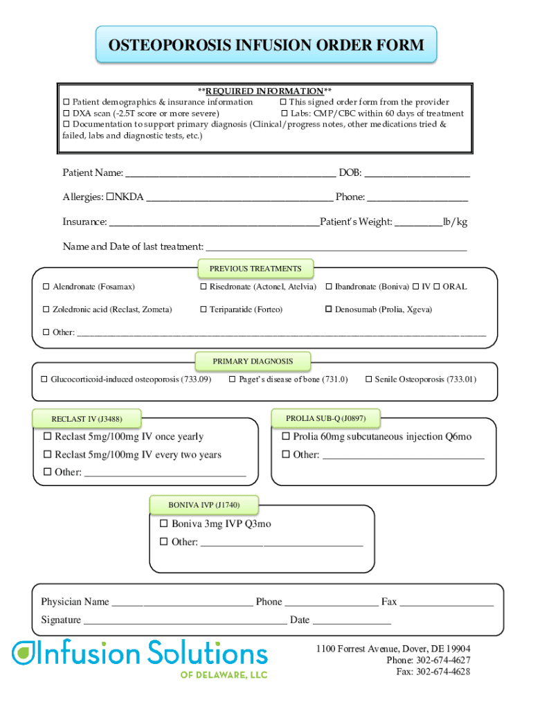 Fillable Online OSTEOPOROSIS INFUSION ORDER FORM Fax Email Print ...