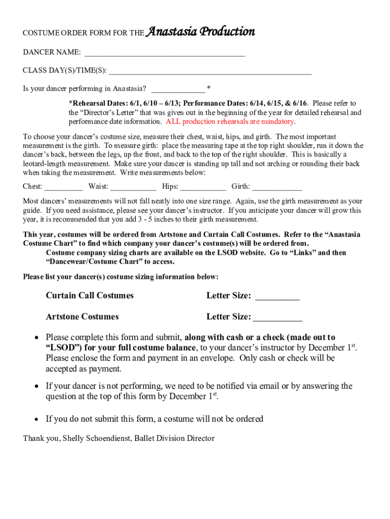 Fillable Online costume ORDER FORM FOR 2018 - 2019 SEASON - Anastasia ...