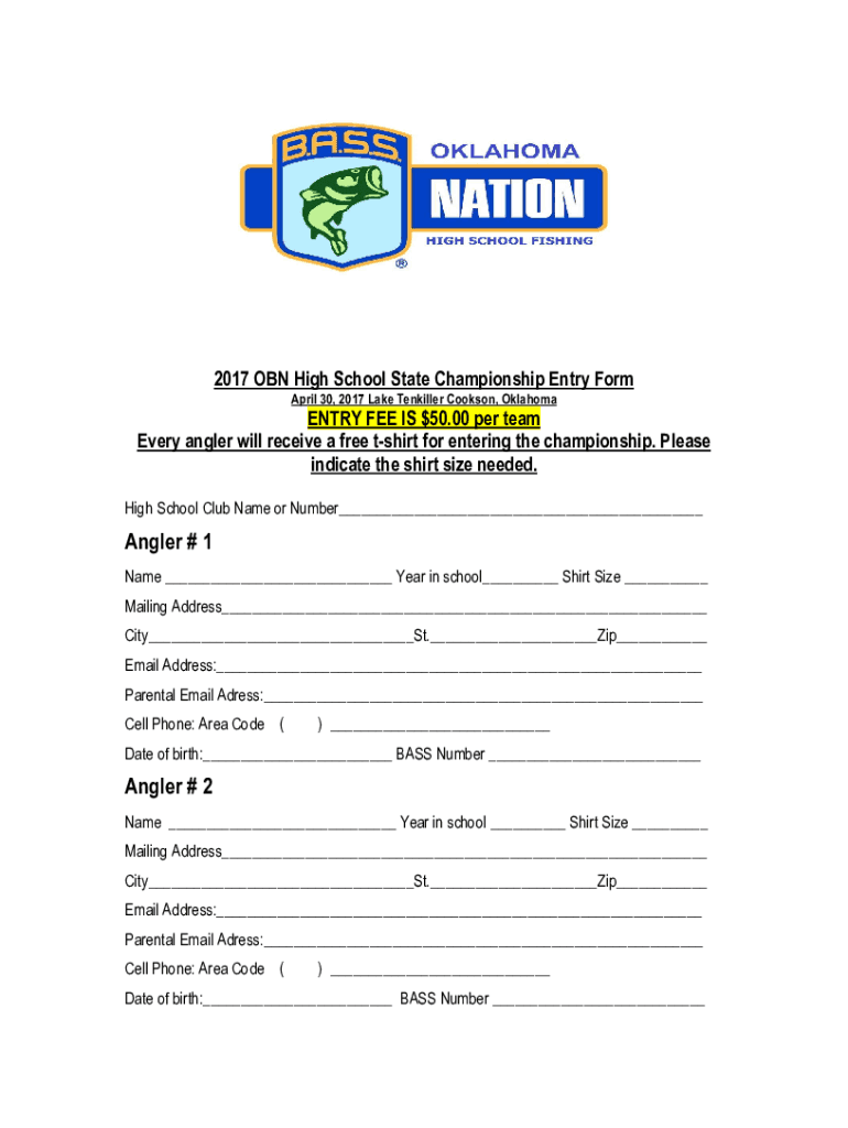 Fillable Online 2017 Official OBN State High School Championship Entry ...