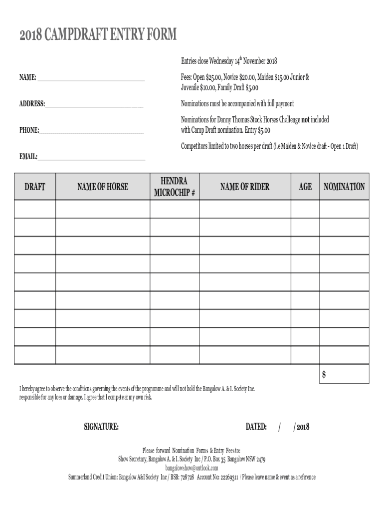 Fillable Online 2018 CAMPDRAFT ENTRY FORM Fax Email Print - pdfFiller