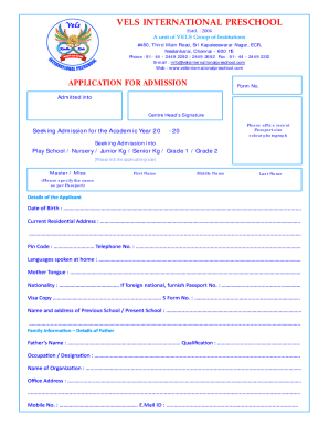 Fillable Online VIP Application Form - Vels Int. Preschool Fax Email ...