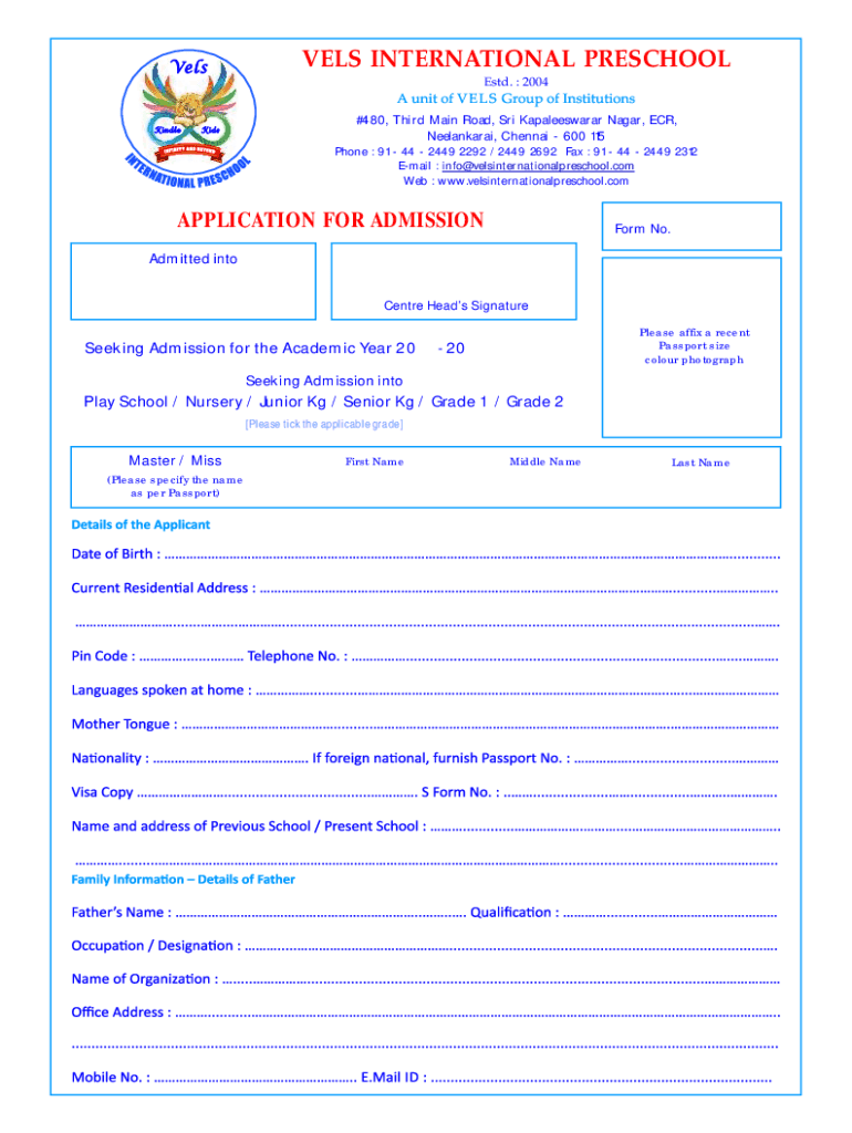 Fillable Online VIP Application Form - Vels Int. Preschool Fax Email ...