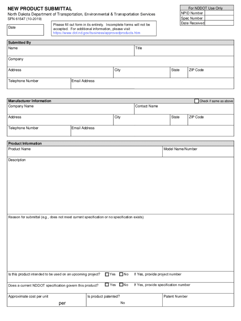 Fillable Online dot nd Fillable Online NEW PRODUCT SUBMITTAL , Environmental ... Fax Email Print ...