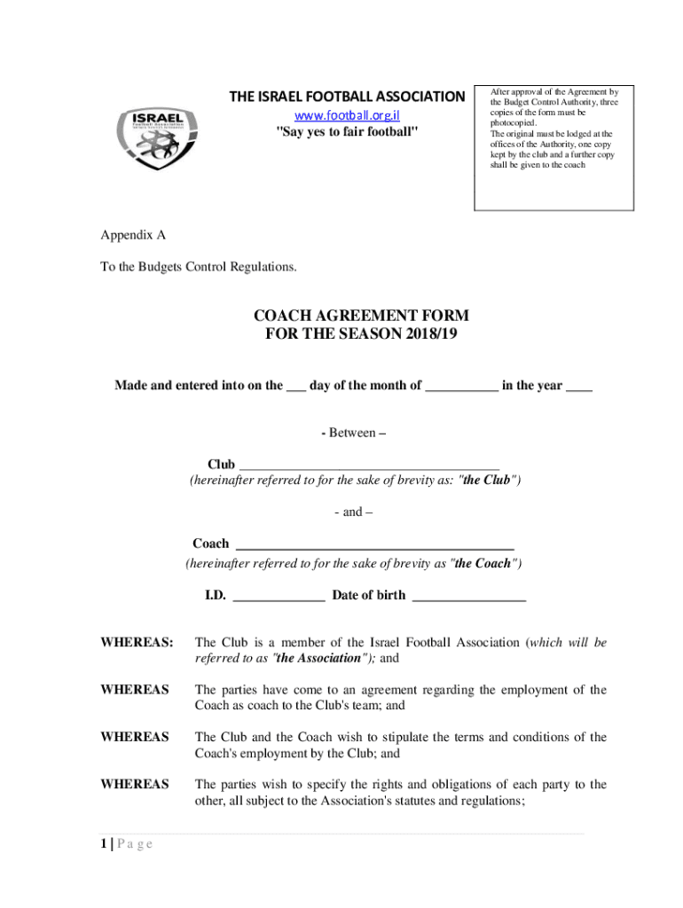 Fillable Online football org COACH AGREEMENT FORM FOR THE SEASON 2018/ ...