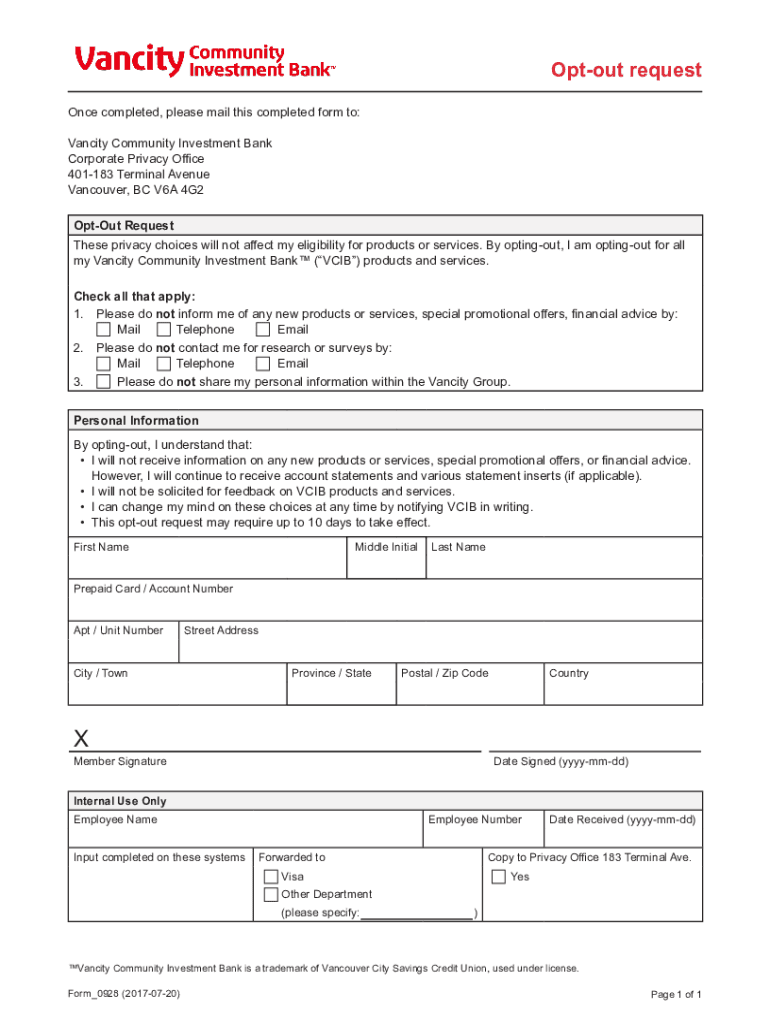 Fillable Online Opt-out request - Vancity Community Investment Bank Fax ...