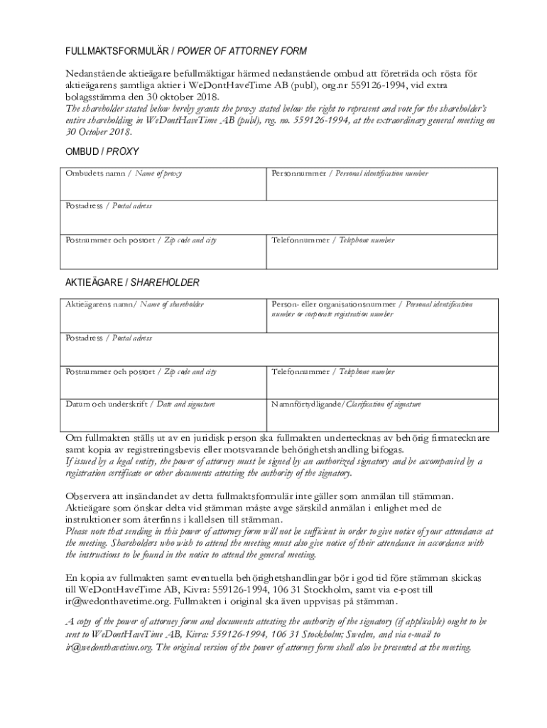 Fillable Online PDF FULLMAKTSFORMULR / POWER OF ATTORNEY FORM ... Fax Email Print - pdfFiller