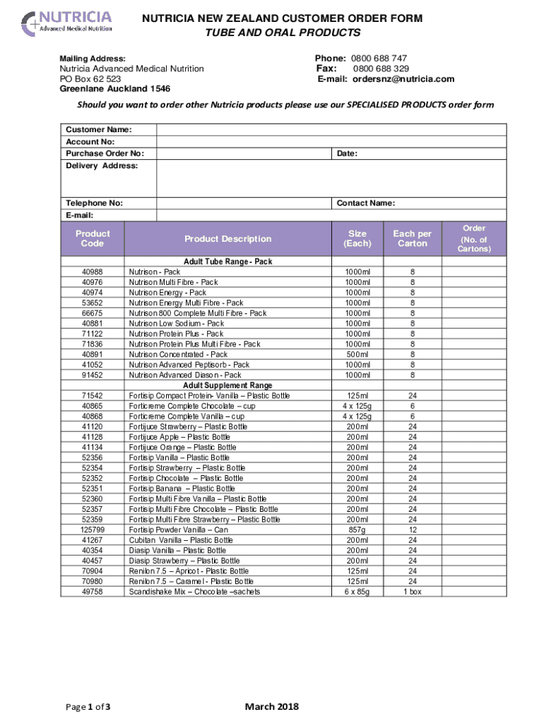 Nutricia New Zealand Customer Order Form - Blank Fillable Template ...