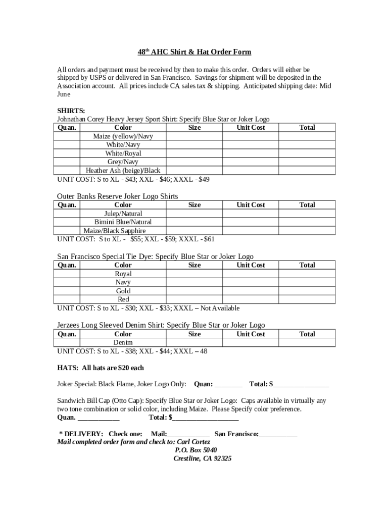 48th AHC Shirt & Hat Order Doc Template | pdfFiller