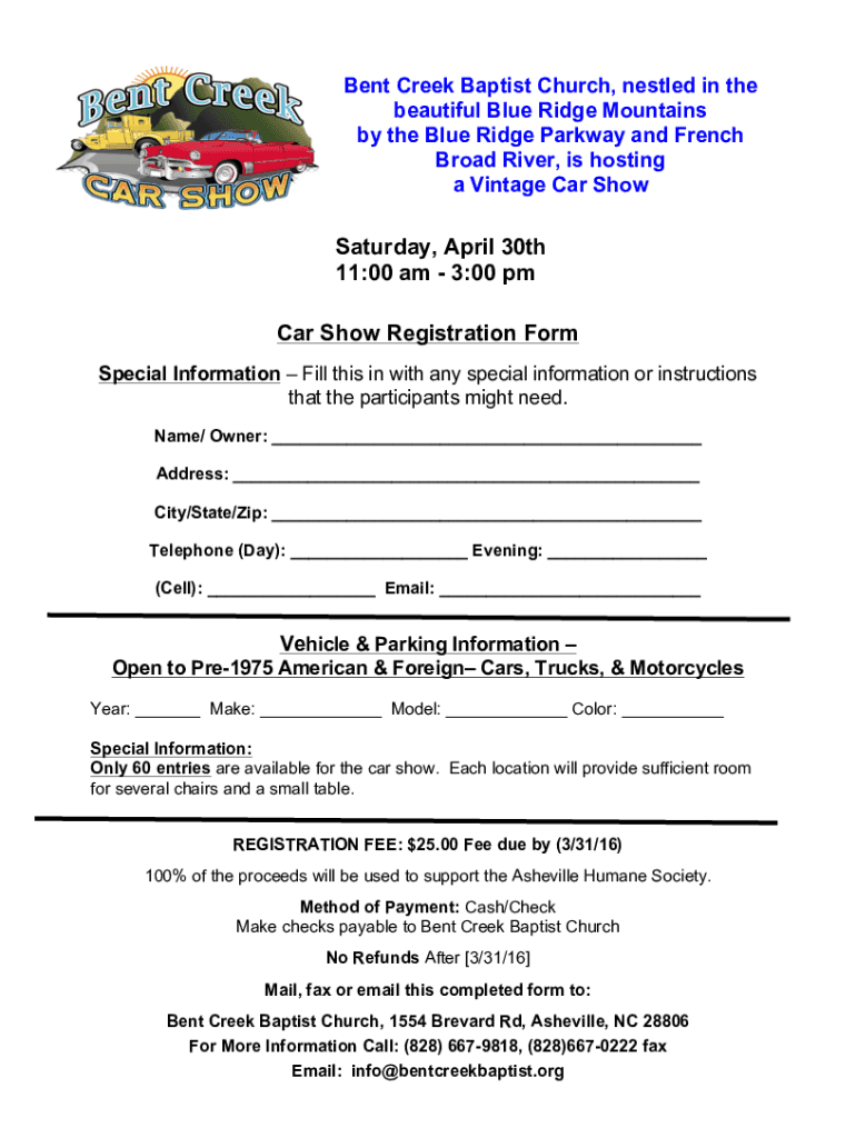 Fillable Online 3:00 pm Car Show Registration Form - Bent Creek Baptist ...