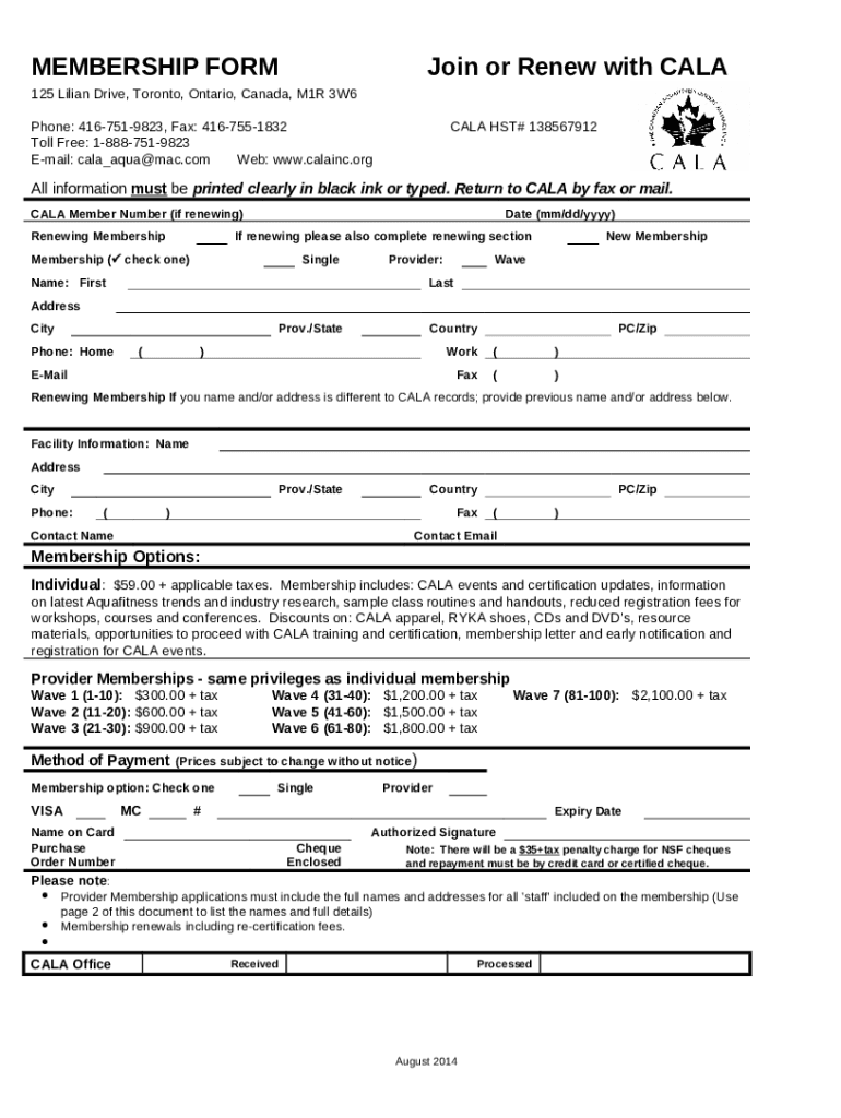 MEMBERSHIP Join or Renew with CALA Doc Template | pdfFiller