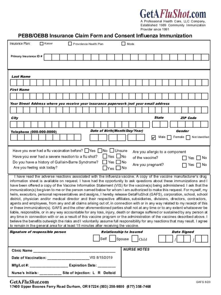 2020 OR PEBB/OEBB Insurance Claim Form and Consent Influenza ...