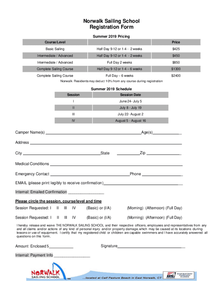 Fillable Online Norwalk Sailing School Registration Form Fax Email ...