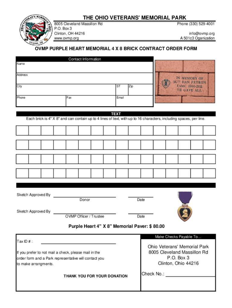 Fillable Online Ohio Veterans' Memorial Park 8005 S Cleveland Massillon ...