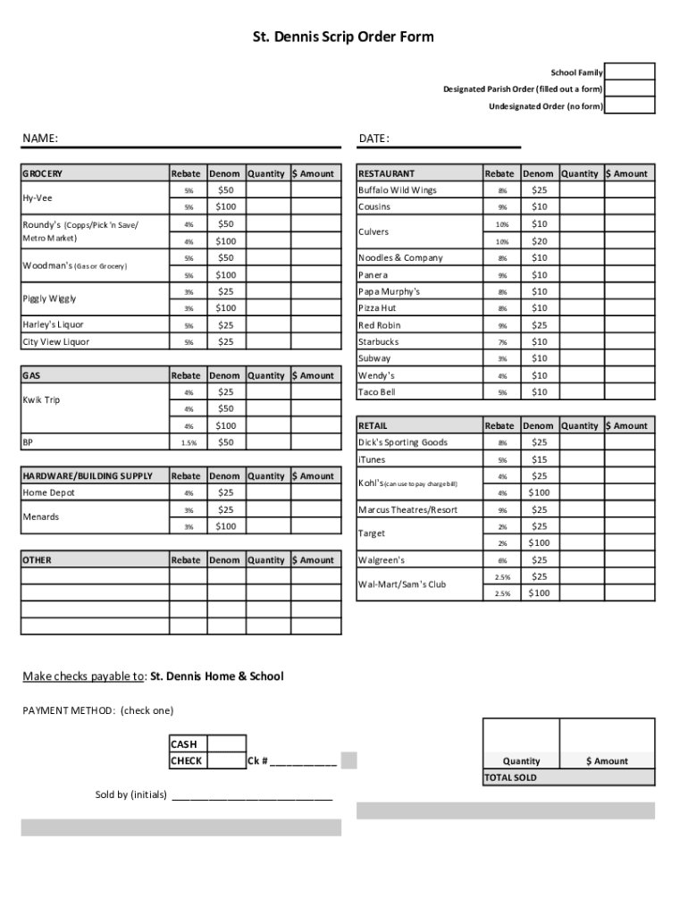 Fillable Online St. Dennis Scrip Order Form - St. Dennis Catholic School Fax Email Print - pdfFiller