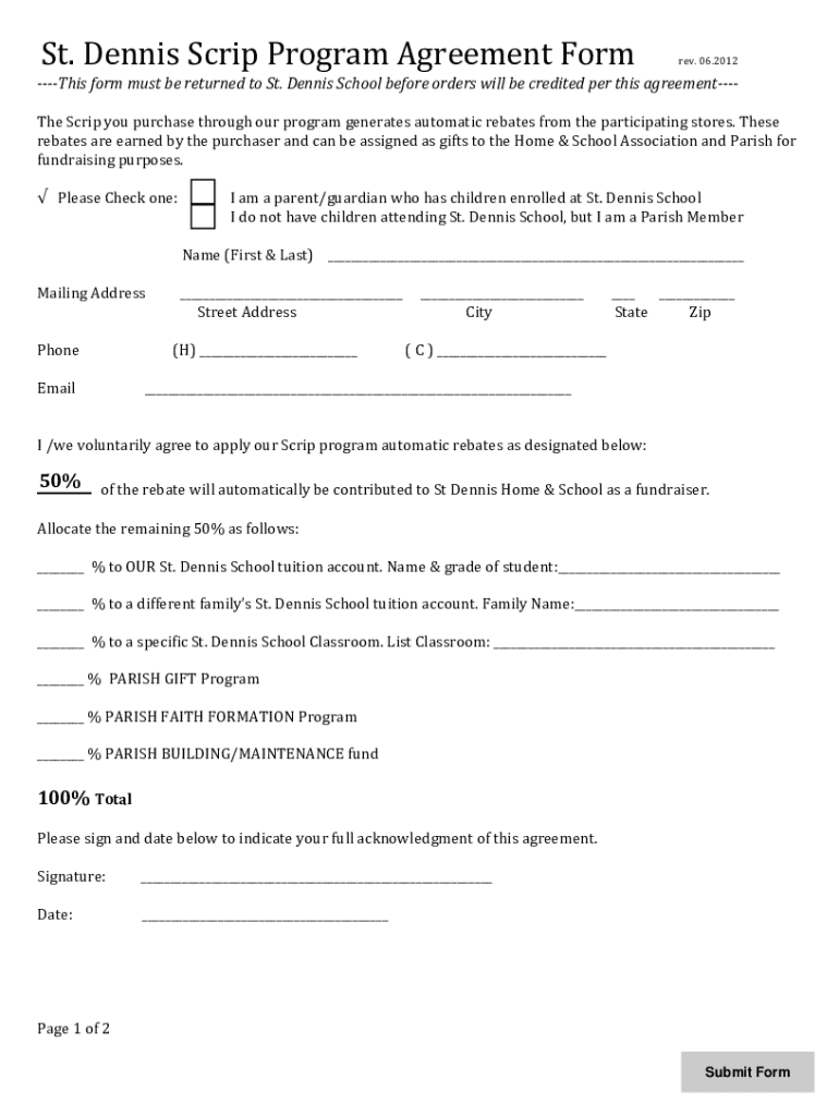 Fillable Online Dennis Scrip Program Agreement Form Fax Email Print - pdfFiller